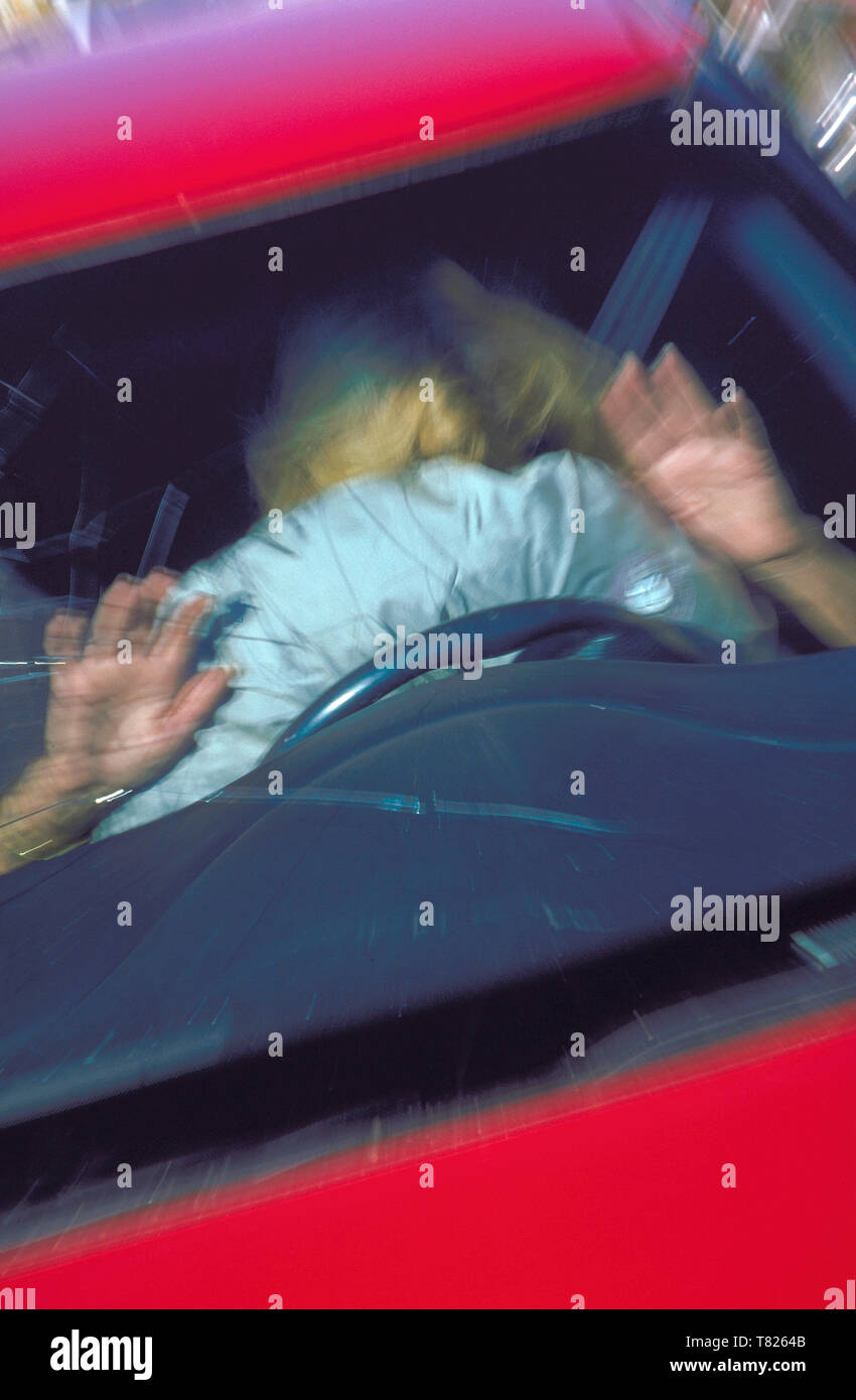 Woman in Car Accident with Inflated Airbag Stock Photo - Alamy