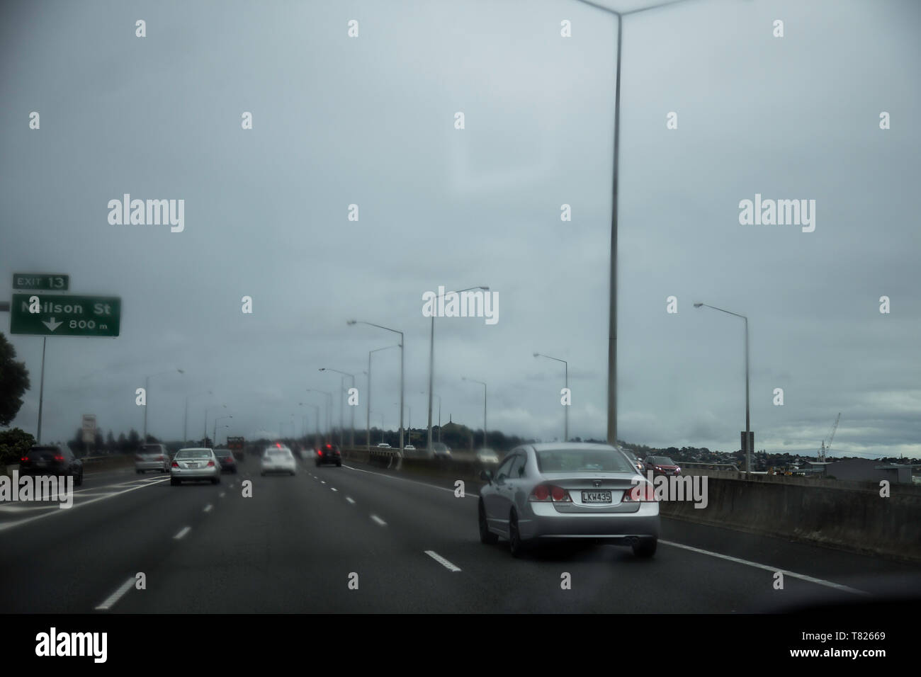 Neilson street off ramp on SH20, Auckland, NZ on a bleak rainy Easter ...