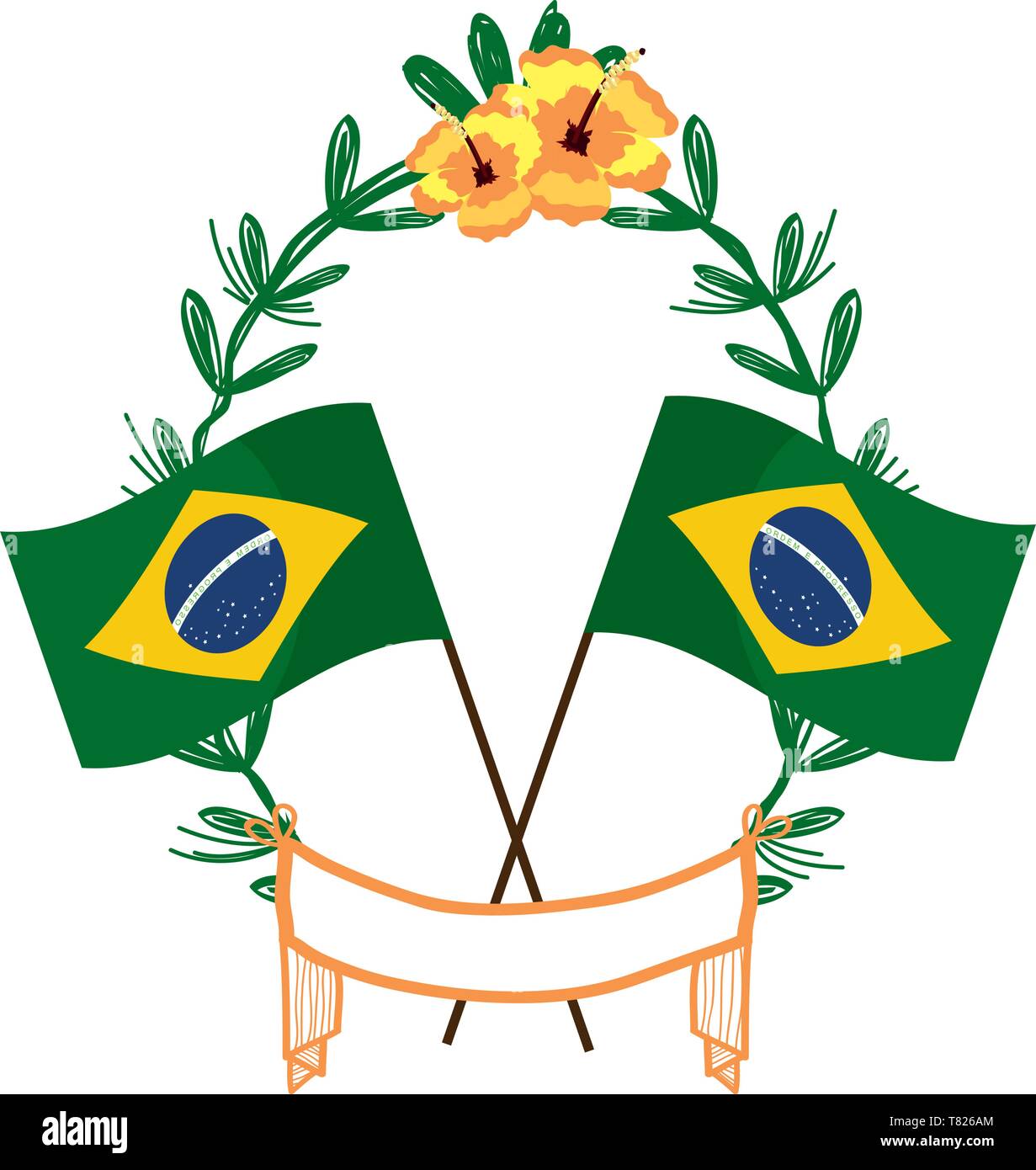 two brazil flags tilted on laurel wreath with flowers ribbon isolated ...