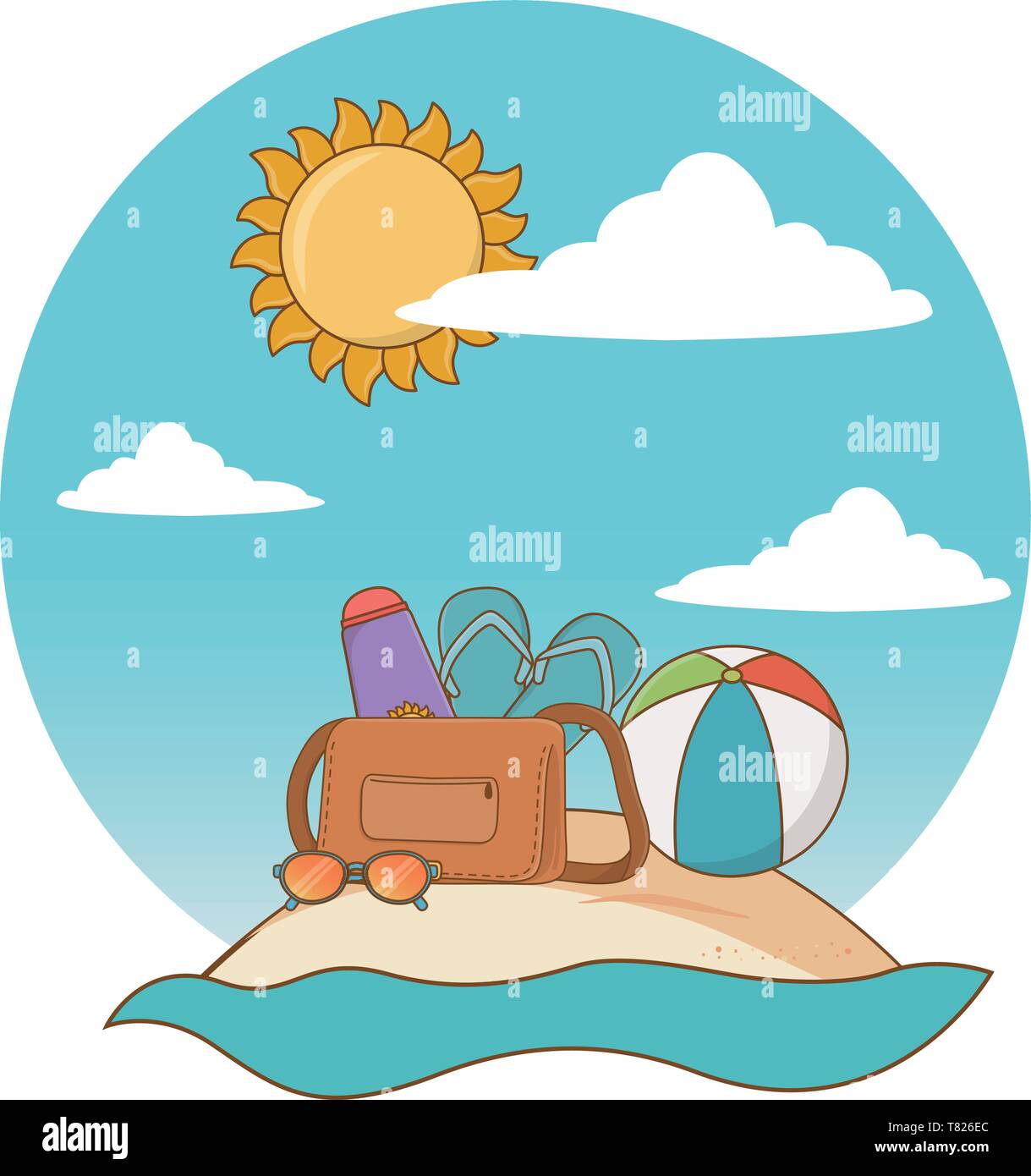 beach with suitcase beach ball flip flops sunscreen and sunglasses ...