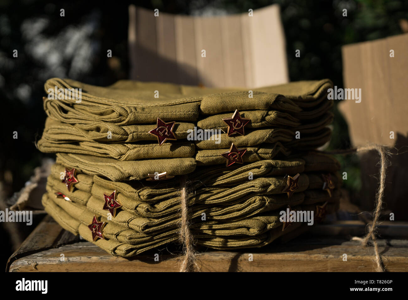 a stack of USSR hats during the celebration. Participants celebrated ...