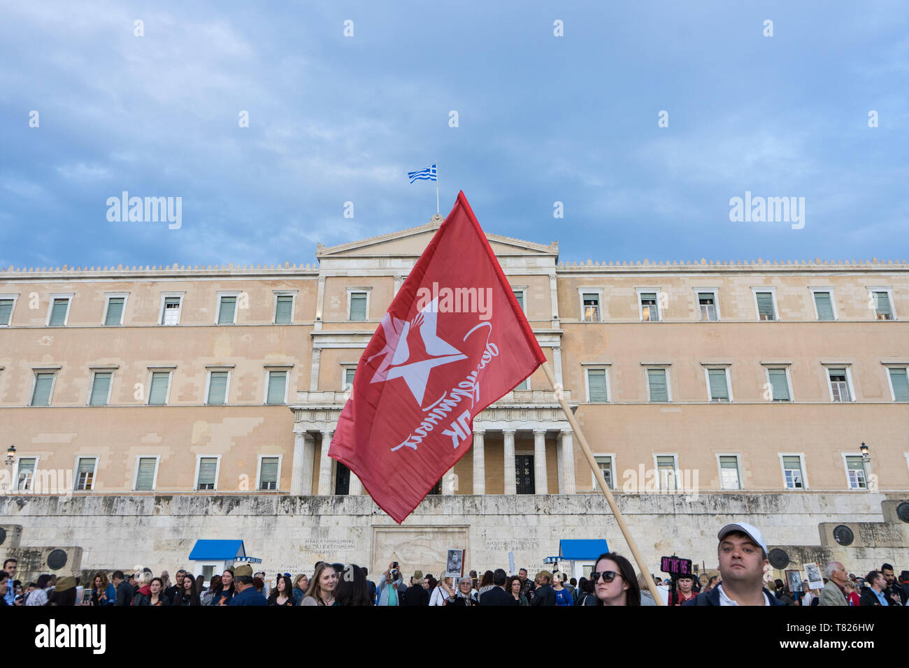 A red flag seen in front of the Greek parliament during the celebration ...