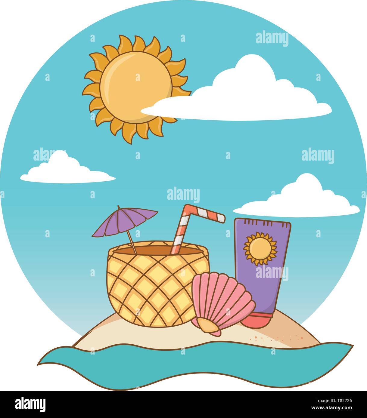 beach with drink sunscreen and shell cartoon round label summer and ...