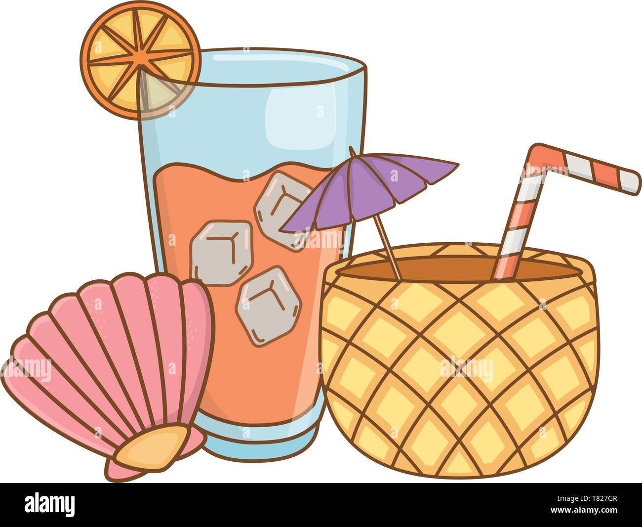 summer time with beverage pina colada shell cartoon flay style vector ...