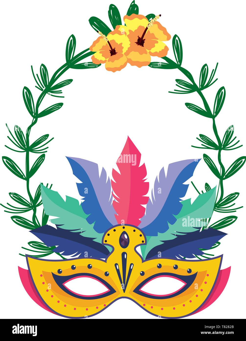 mask with feathers on laurel wreath with flowers and ribbon isolated ...