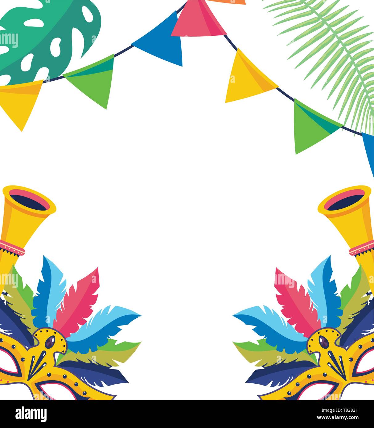 carnival celebration brazil with pennants trumpets mask and leaves ...