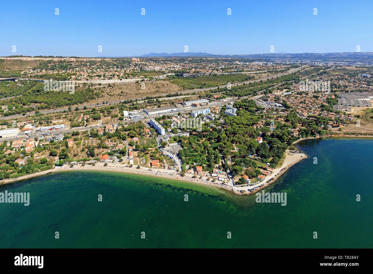 France, Bouches du Rhone, Vitrolles, Berre pond, Marettes beach, A55 ...
