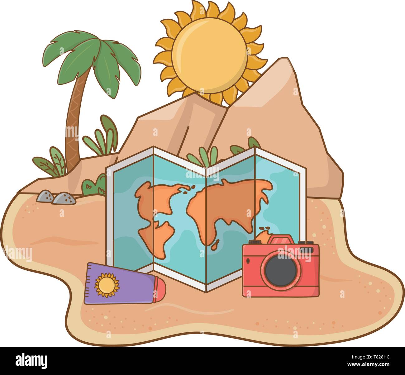 landscape beach on sand with camera sunscreen and map summer and travel ...