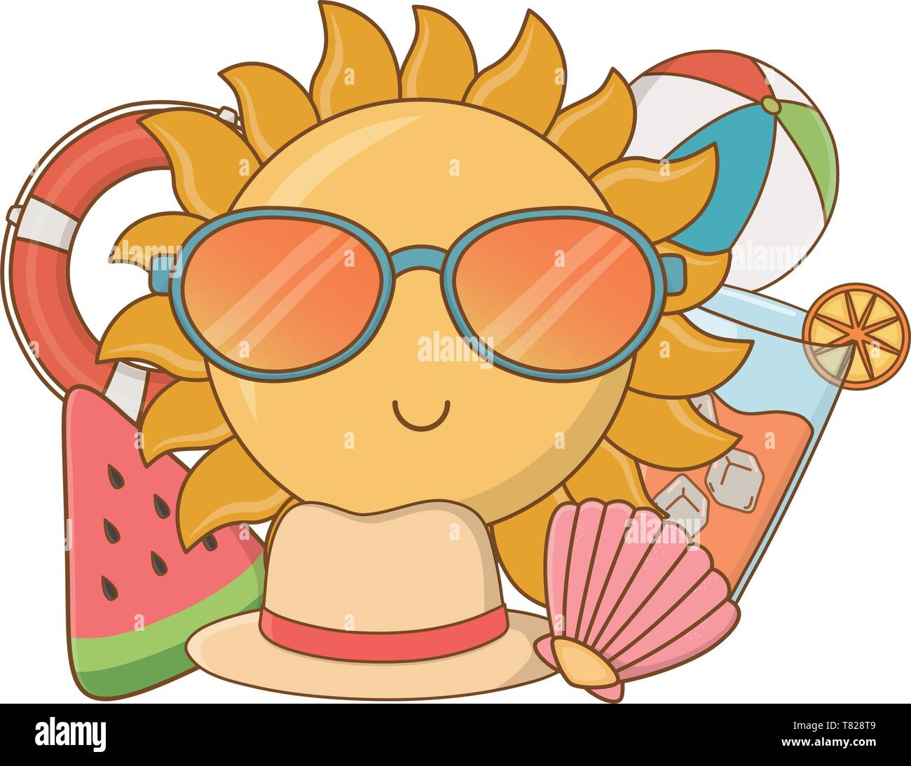 summer time with happy sun watermelon shell drink hat beach ball and ...