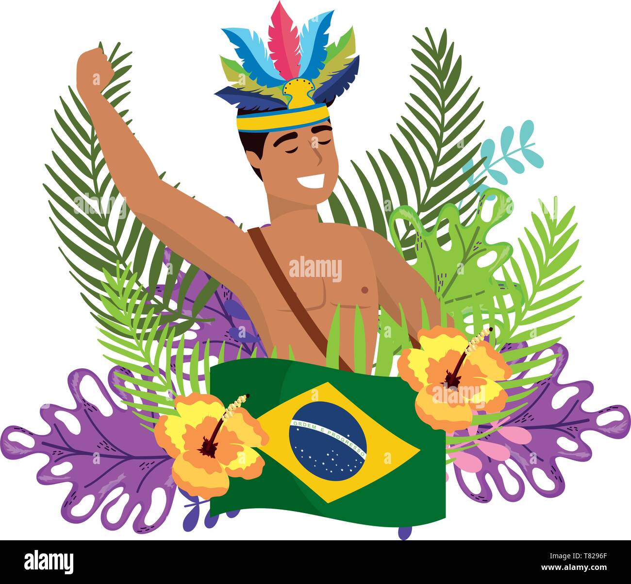 man dancing celebrating brazil carnival between leaves flowers and flag ...