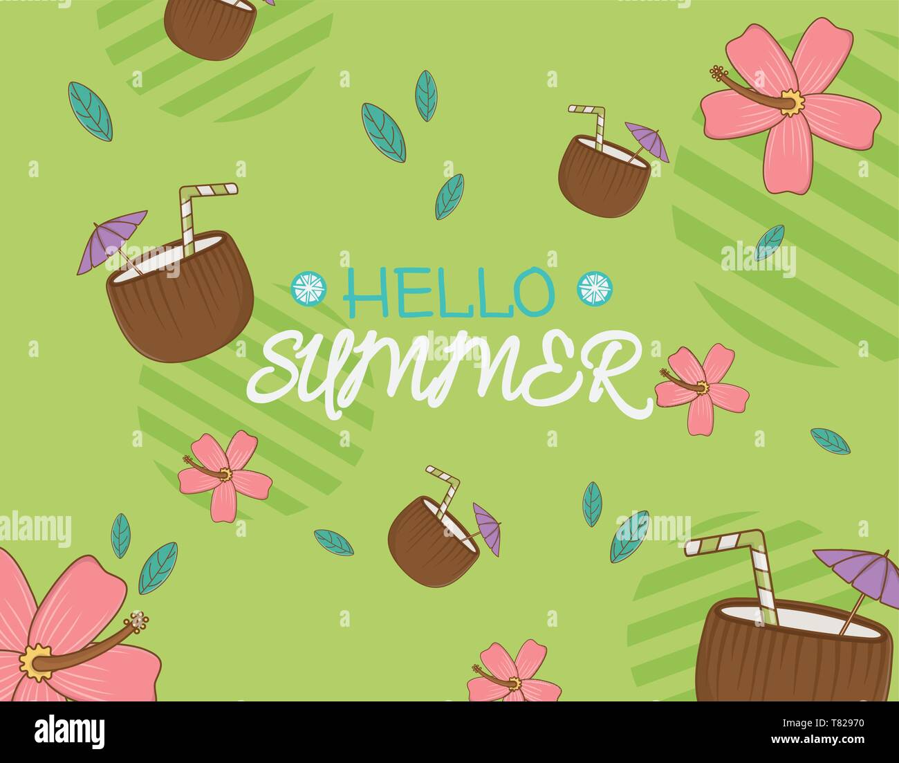 hello summer poster with coconut cocktails vector illustration design ...