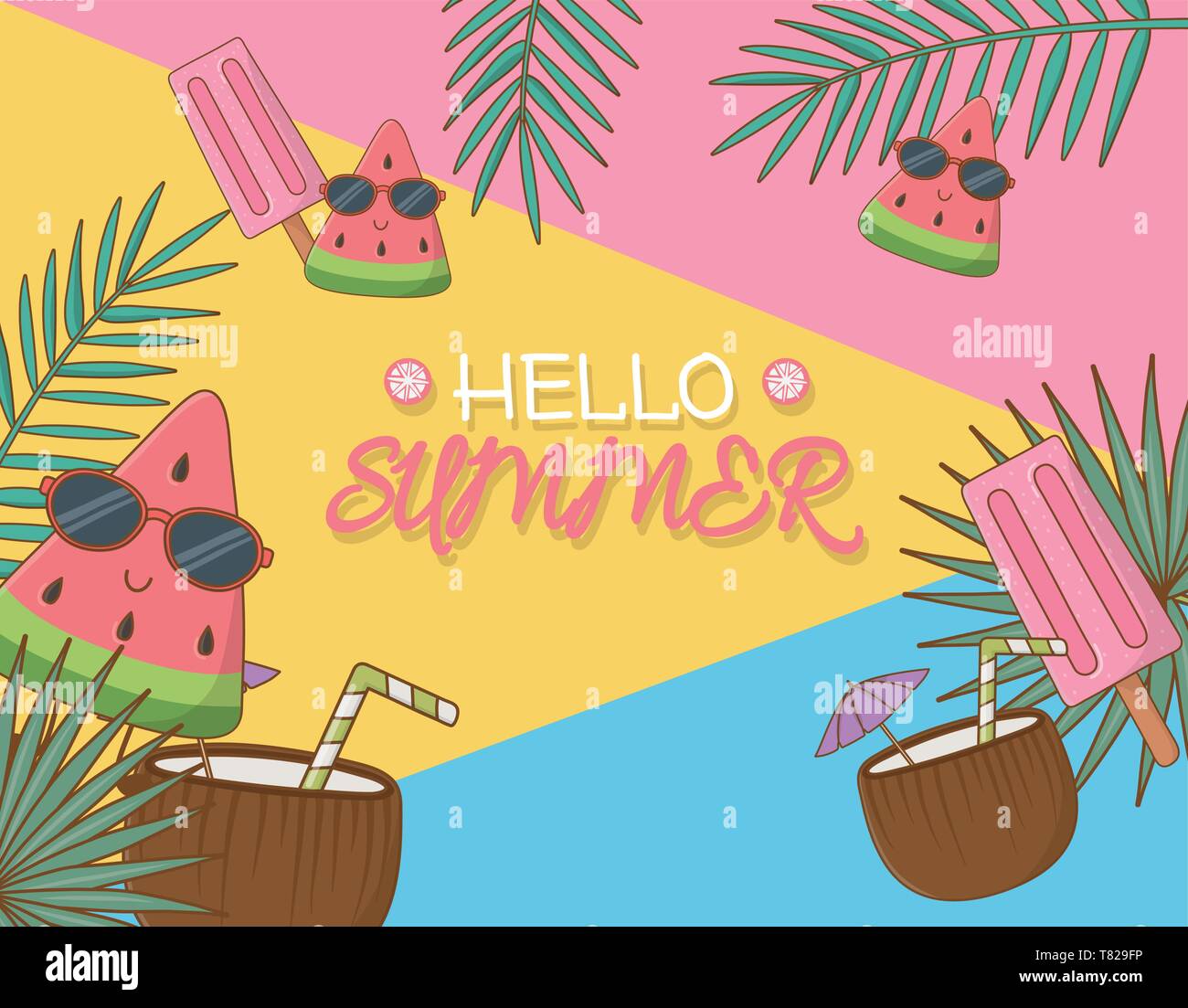 hello summer poster with coconut cocktails vector illustration design ...