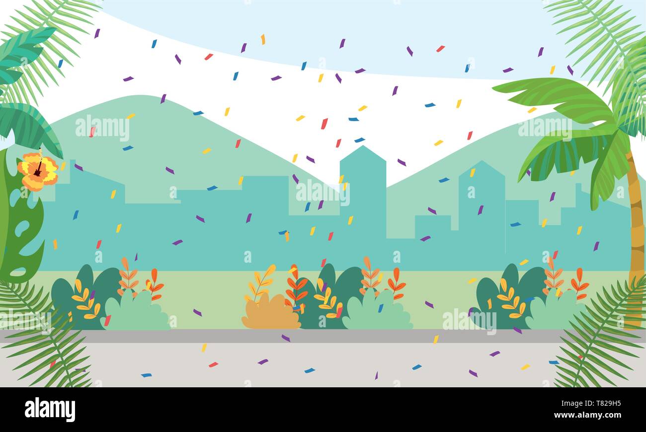 tropical city with buildings and palms with leaves, landscape vector ...