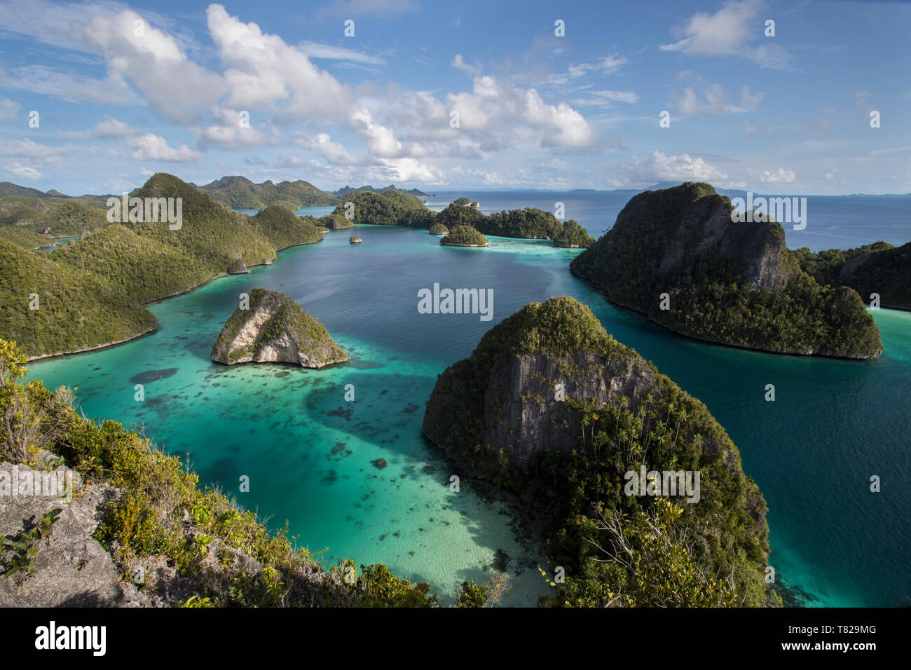 Aerial view of lagoon and karst limestone formations in Wayag Island ...