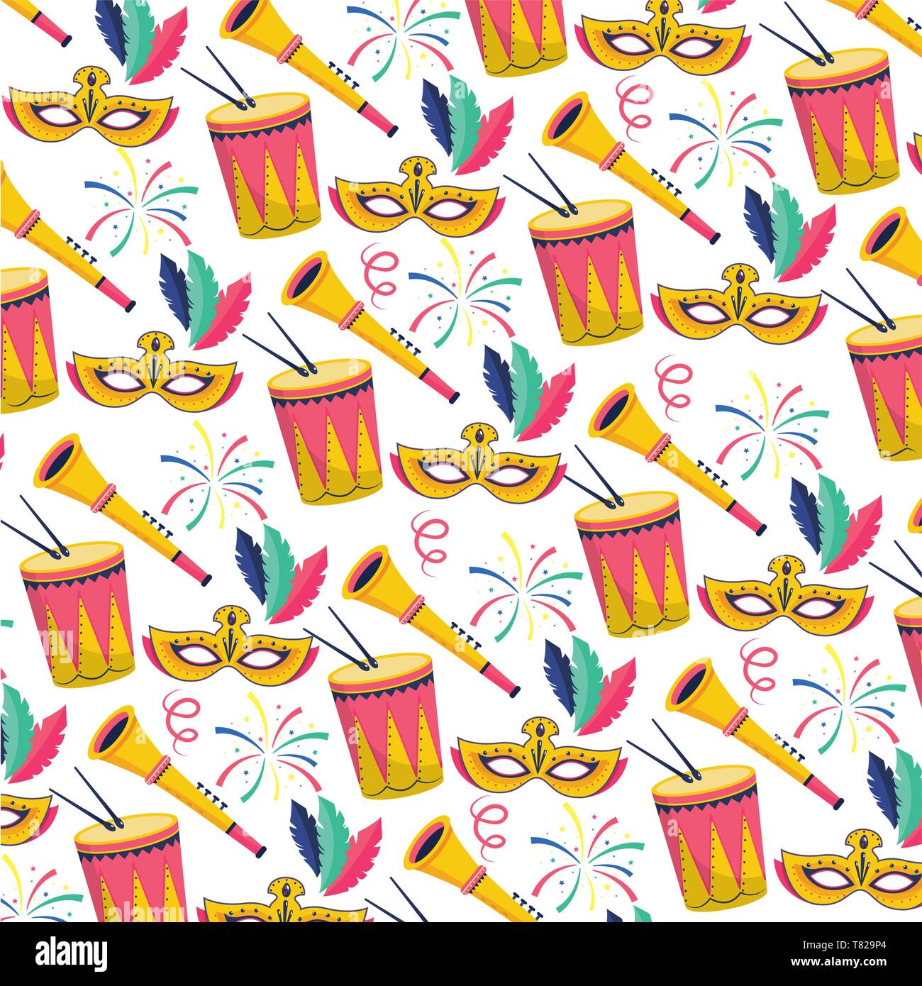brazil carnival pattern with drum drumsticks mask trumpet feathers ...