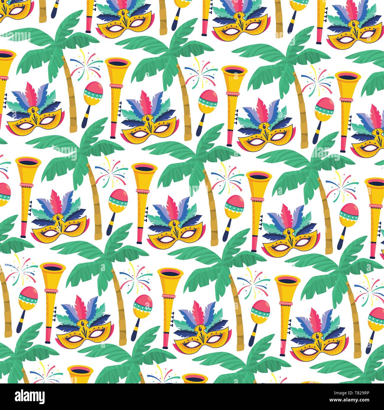 brazil carnival pattern with palms trumpets maracas mask vector ...