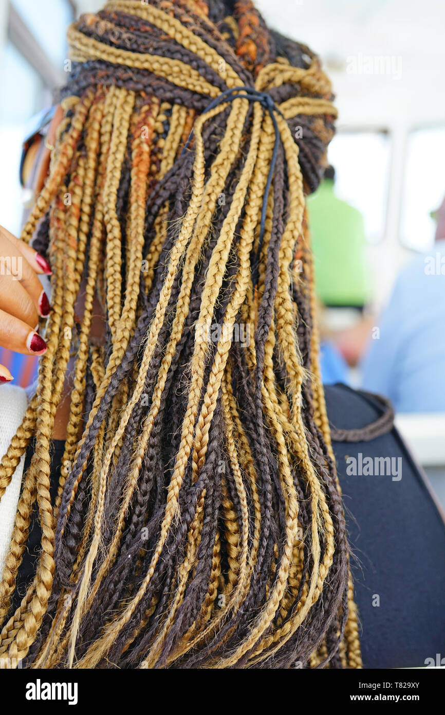 Tricolor braids on long hair seen from the back Stock Photo - Alamy