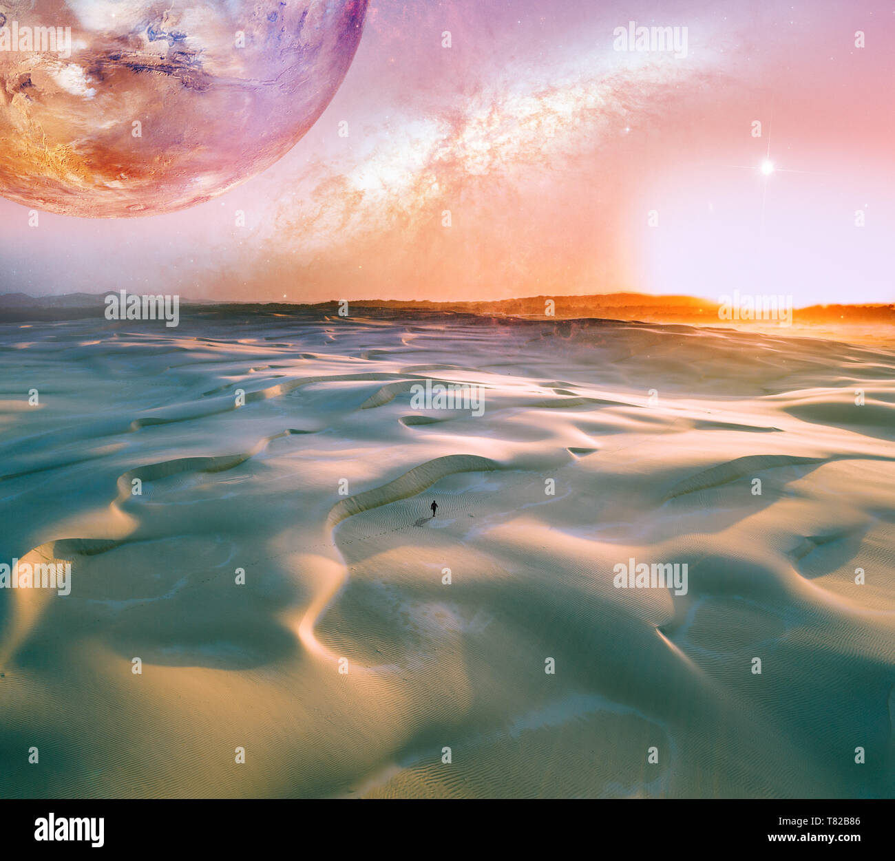 Alien landscape of sunrise over pristine sand dunes with lonely person ...