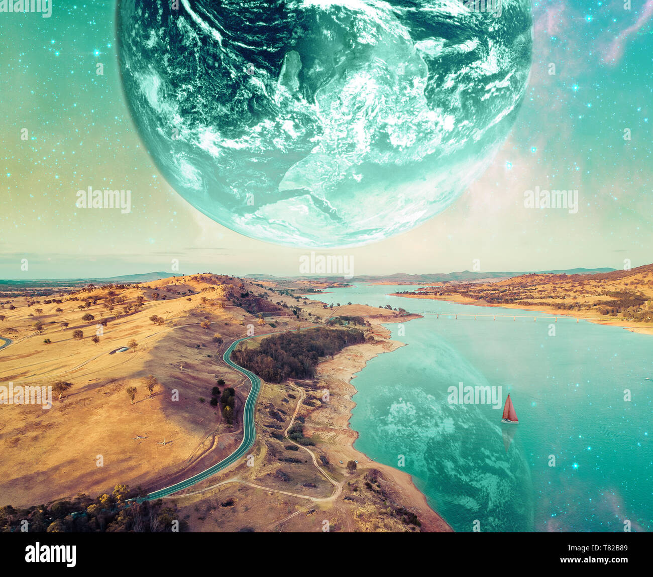 Unreal fantasy landscape of sailboat sailing across a river on alien ...