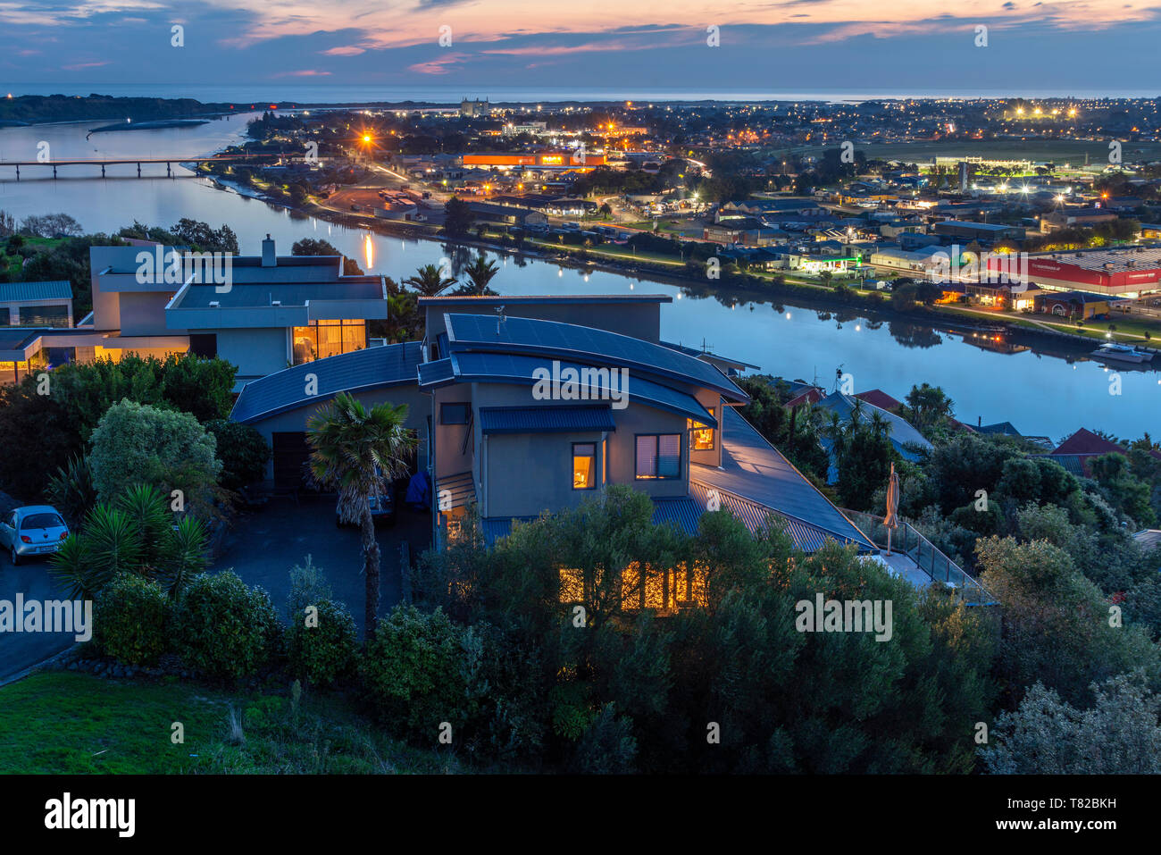 A dusk view of the city of Whanganui and the Whanganui river, in the ...