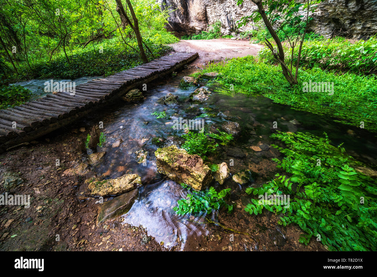 Mountain river under wooden bridge. Beautiful scenery from spring ...