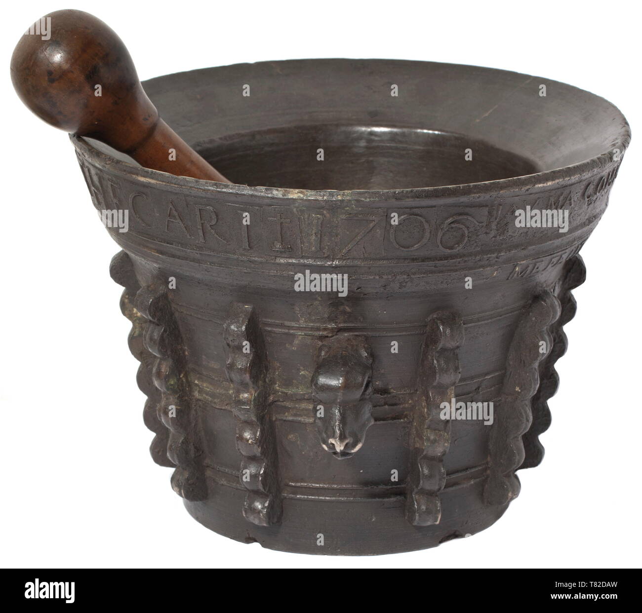 A large apothecary's mortar, Italian or French, 1706 Bronze with ...