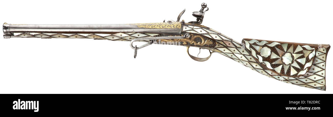 An Ottoman flintlock carbine 19th century. Rifled bore in 13 mm calibre ...
