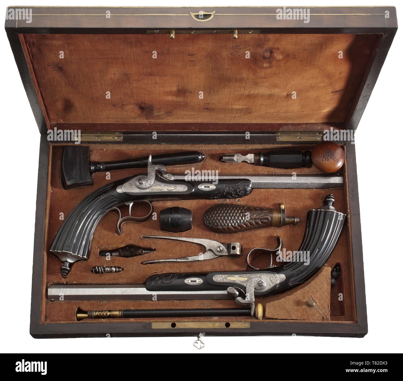 A cased pair of Flemish percussion pistols, circa 1850 Octagonal ...