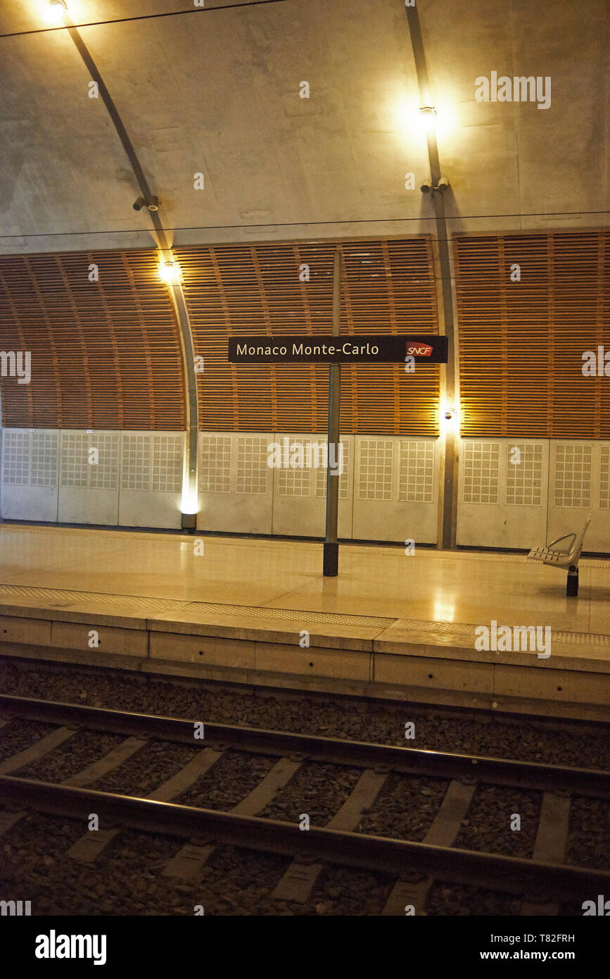 Shots of the train station entrance and tracks at Gare de Monaco in ...