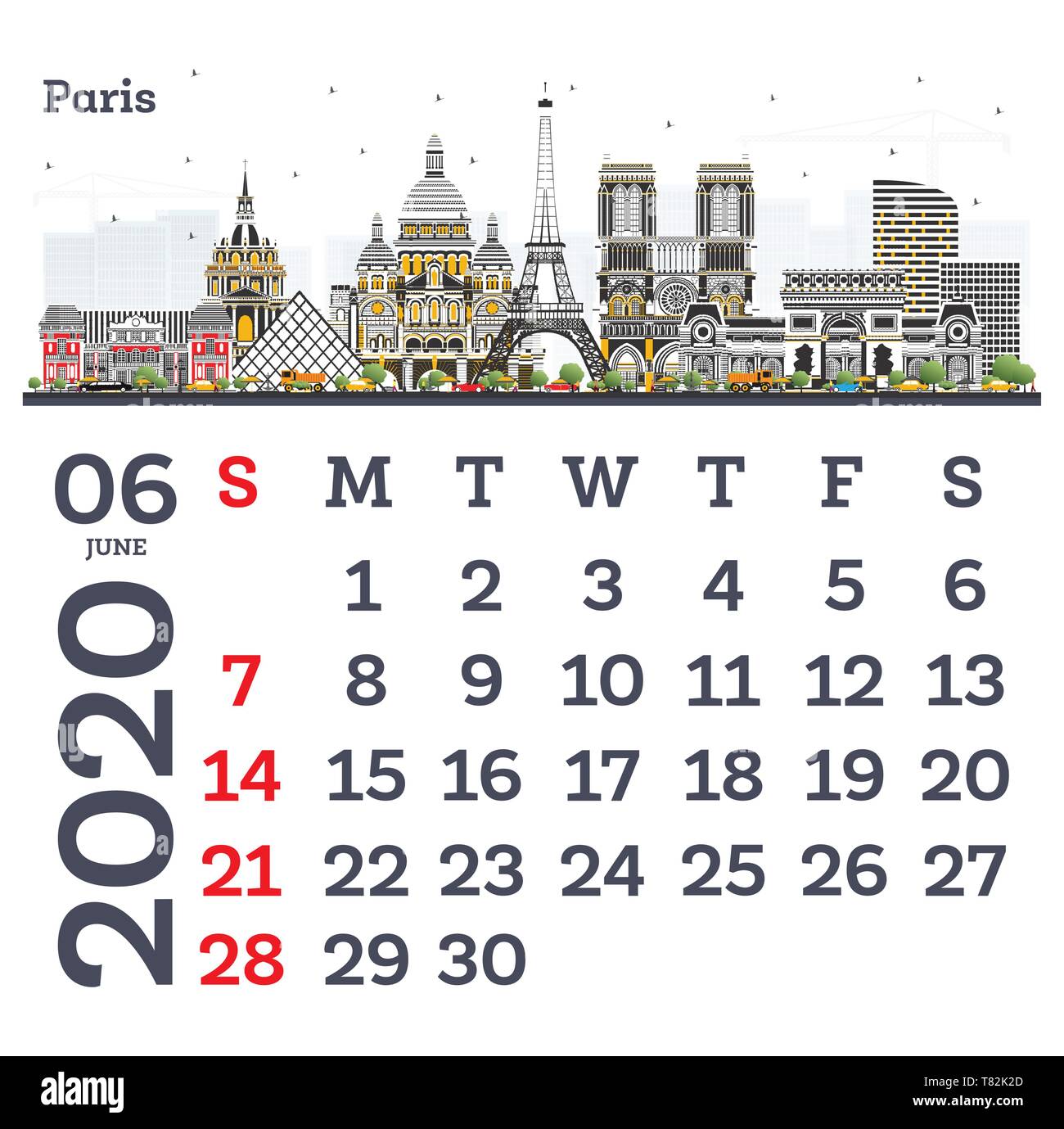 June 2020 Calendar Template with Paris City Skyline. Vector ...
