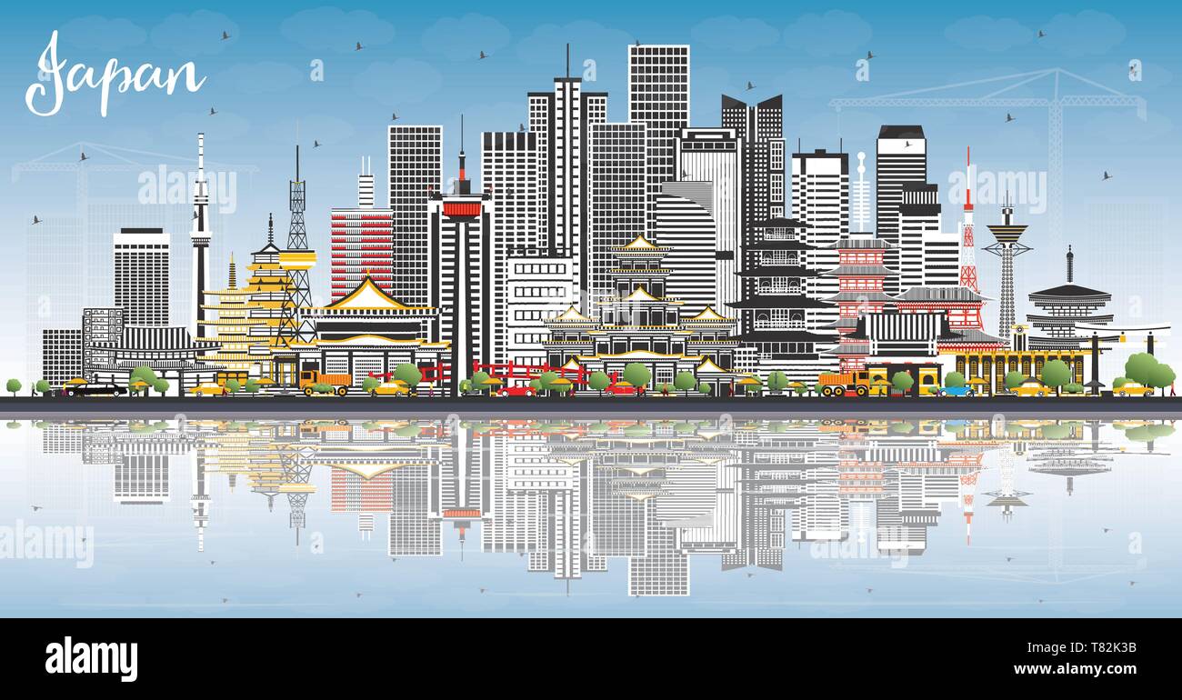 Japan City Skyline with Gray Buildings, Blue Sky and Reflections ...