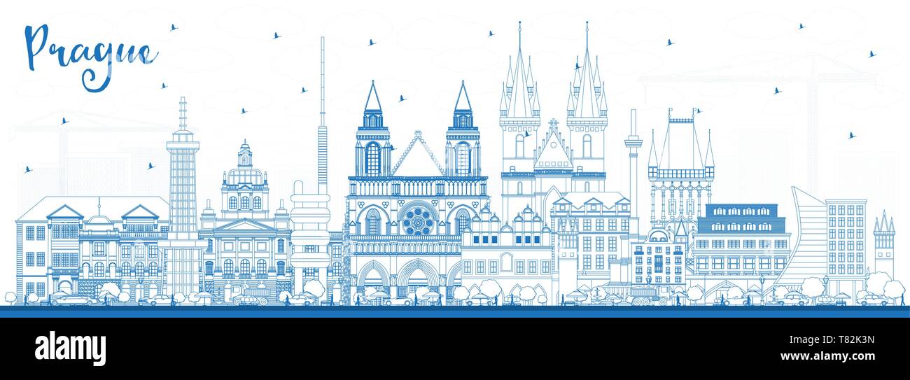 Outline Prague Czech Republic City Skyline with Blue Buildings. Vector ...