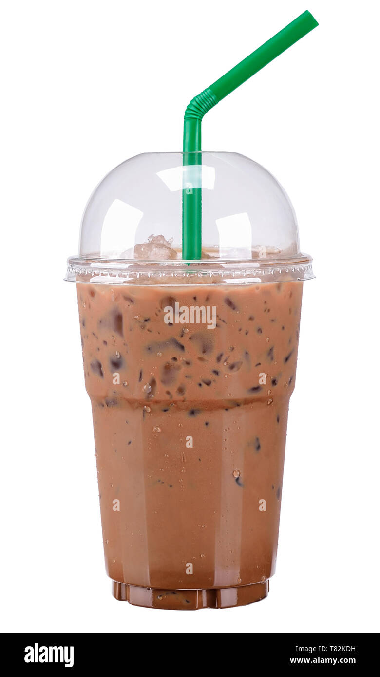 Glass of ice cocoa with drinking straw isolated clipping path Stock ...