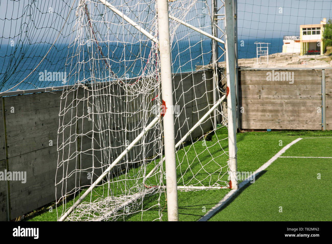 Part of soccer goal door with white net. Close up for football goal at ...