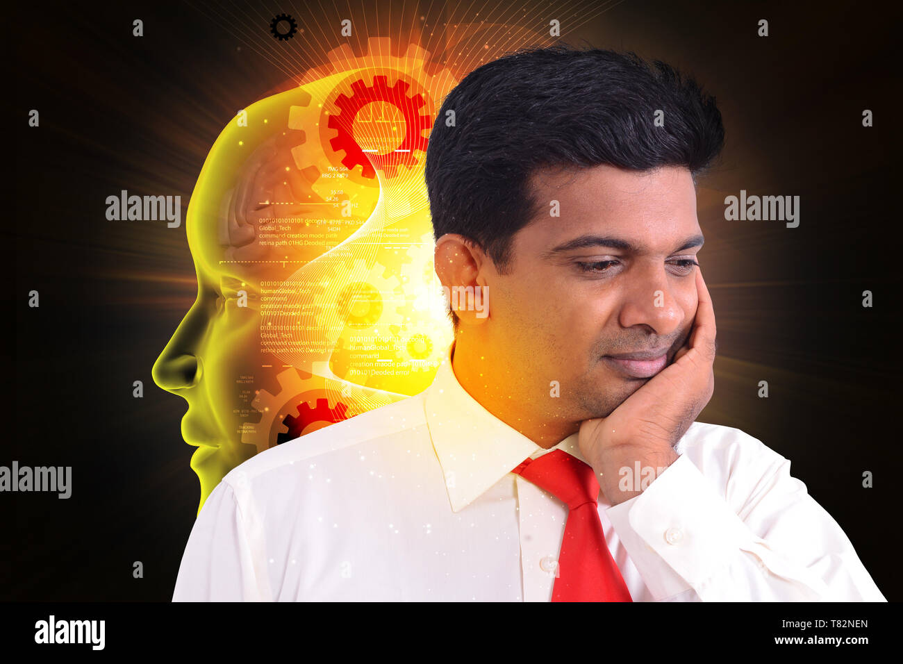 Man thinking photo with female face Stock Photo - Alamy