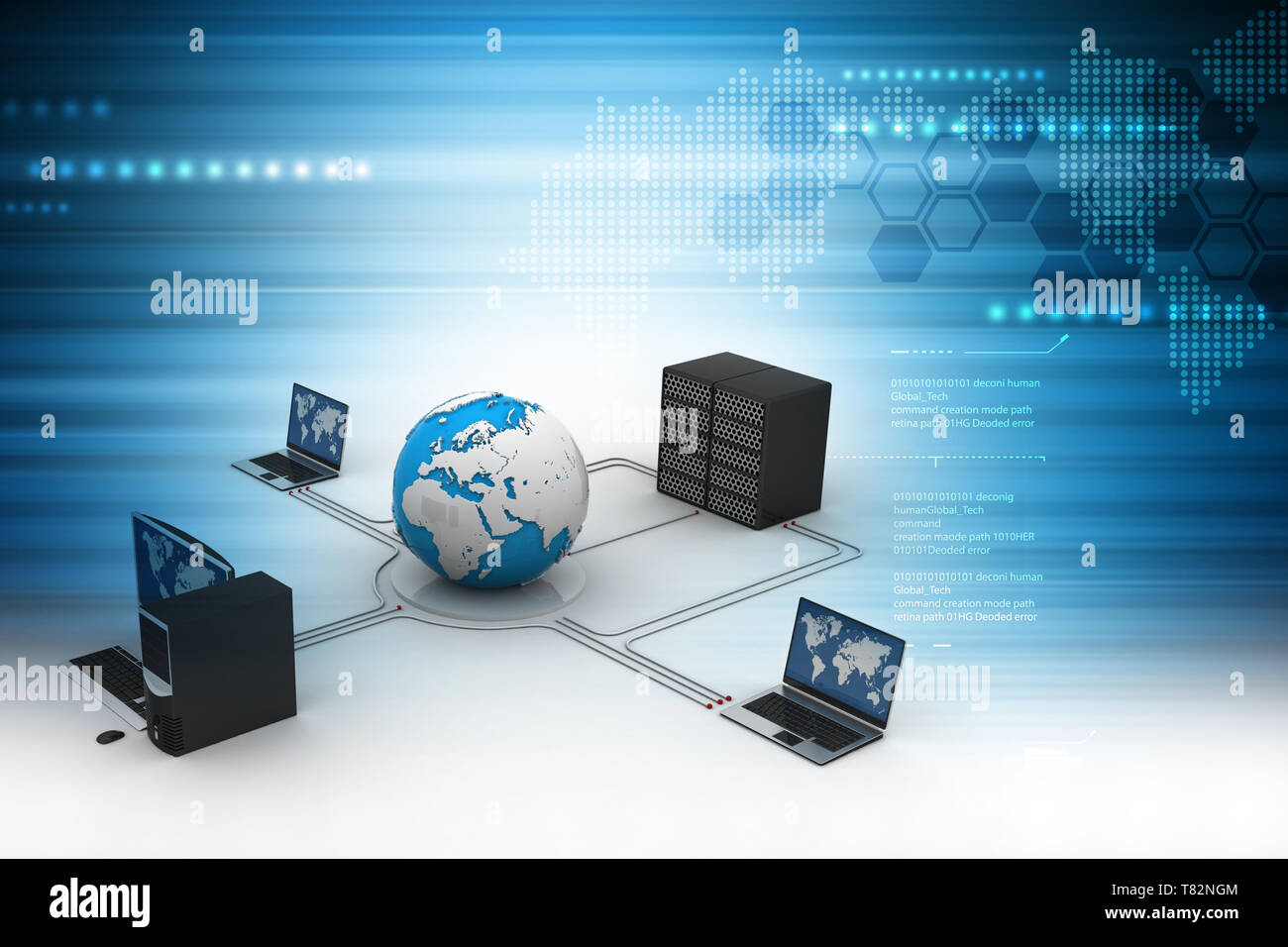 Globe around with laptop server and computer Stock Photo - Alamy