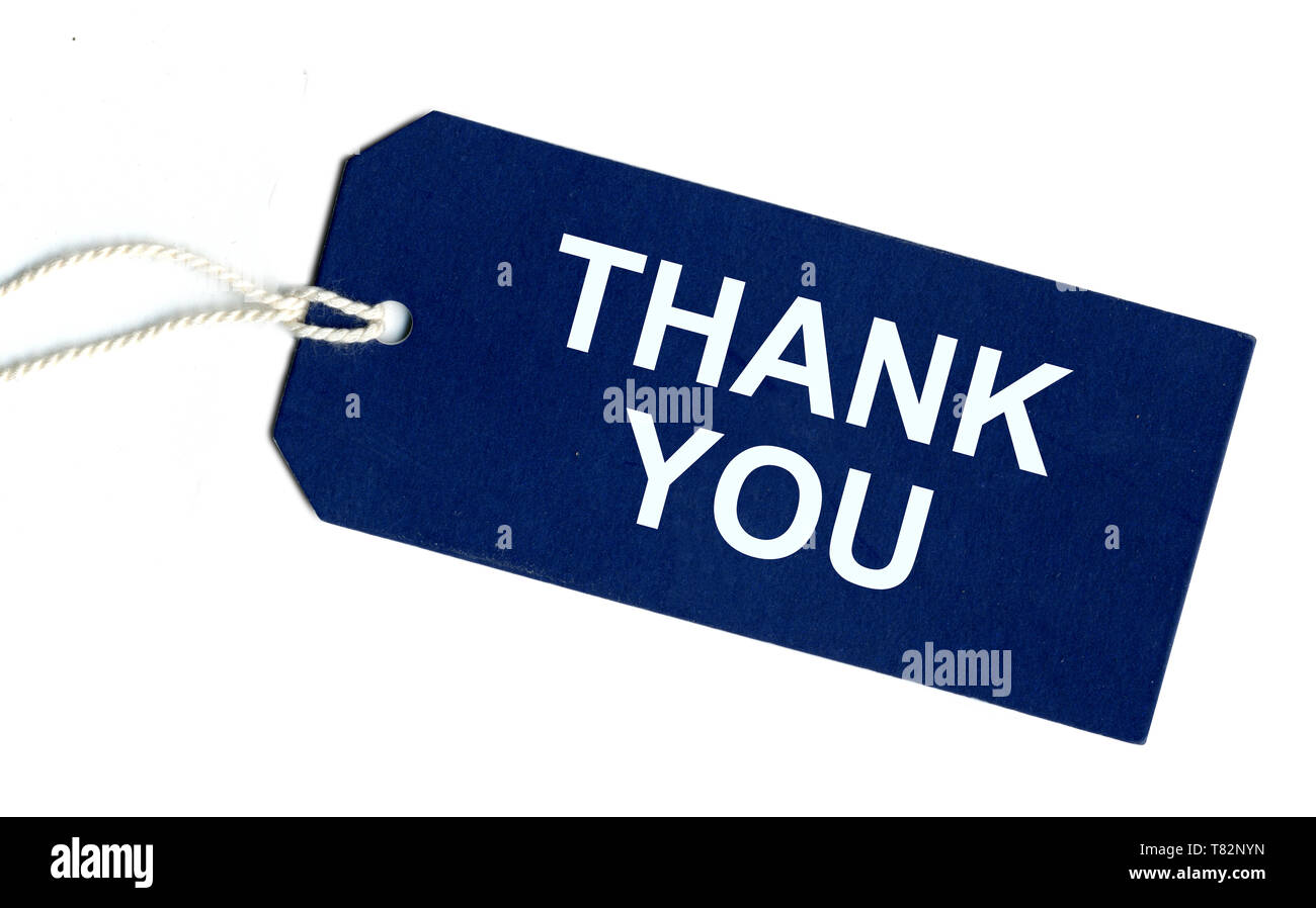 Blue hang tag with thank you Stock Photo - Alamy