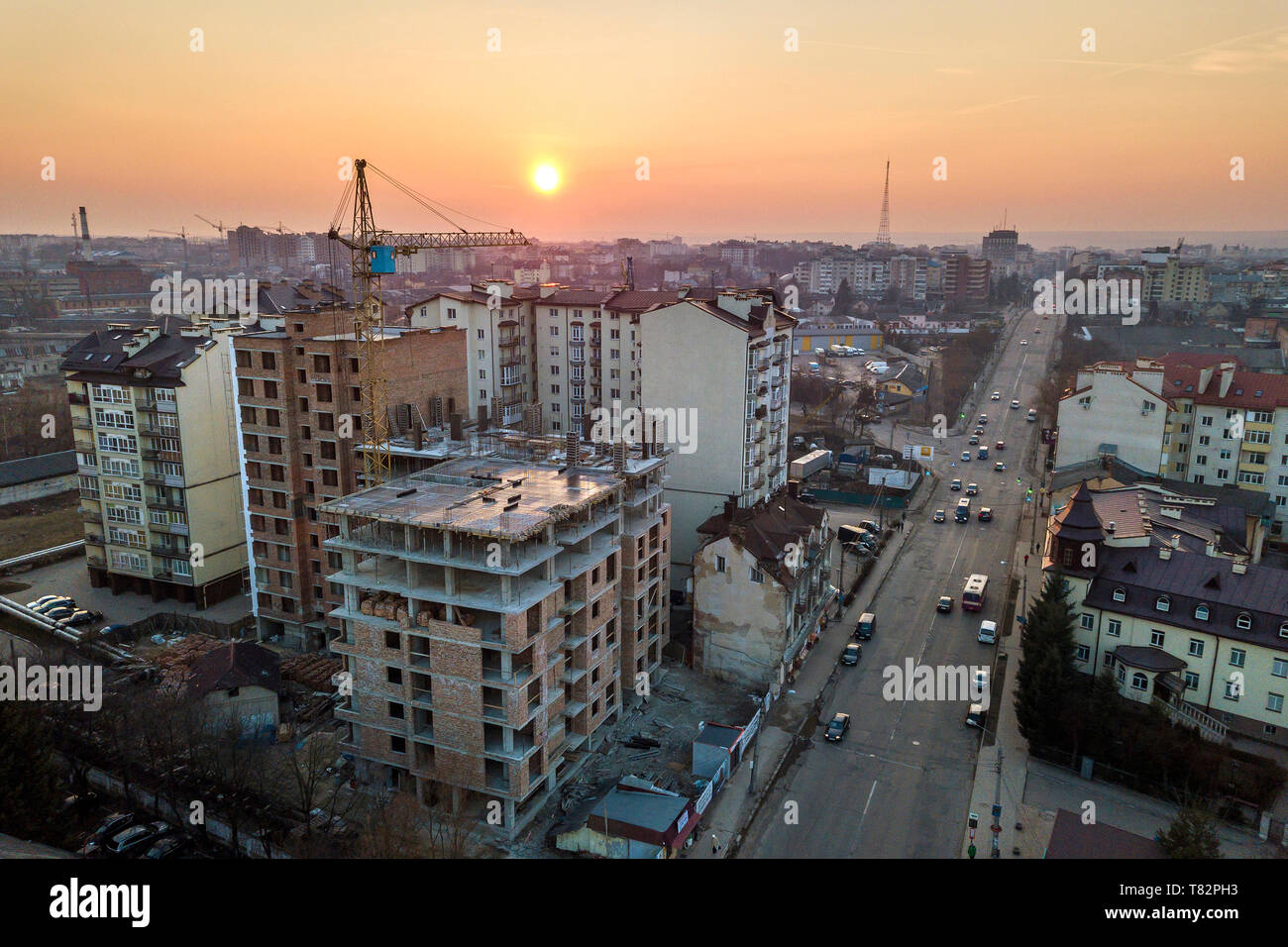 Top view of urban developing city landscape. Apartment buildings under ...