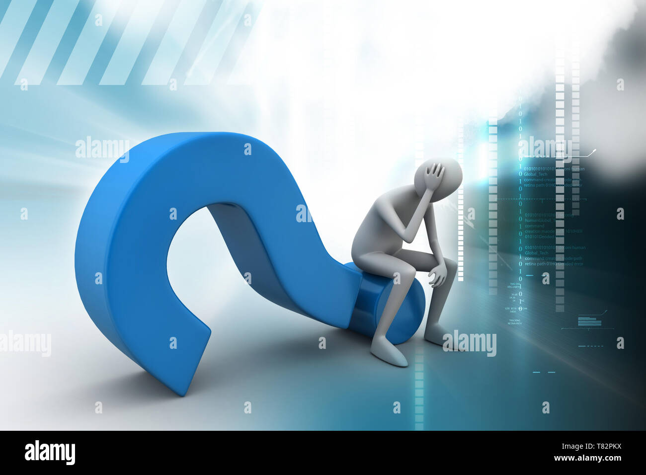 man sitting on the question mark Stock Photo - Alamy