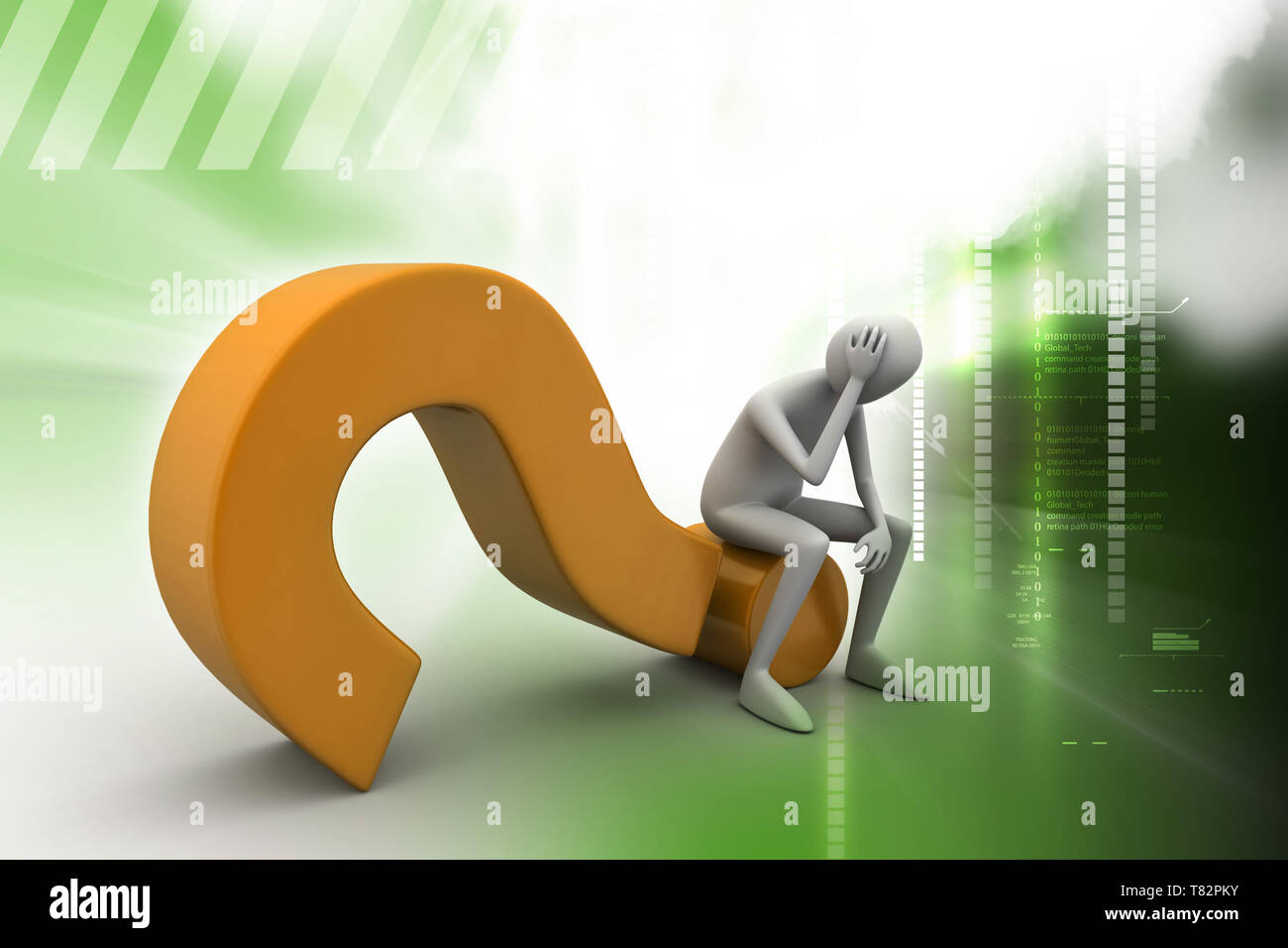 man sitting on the question mark Stock Photo - Alamy