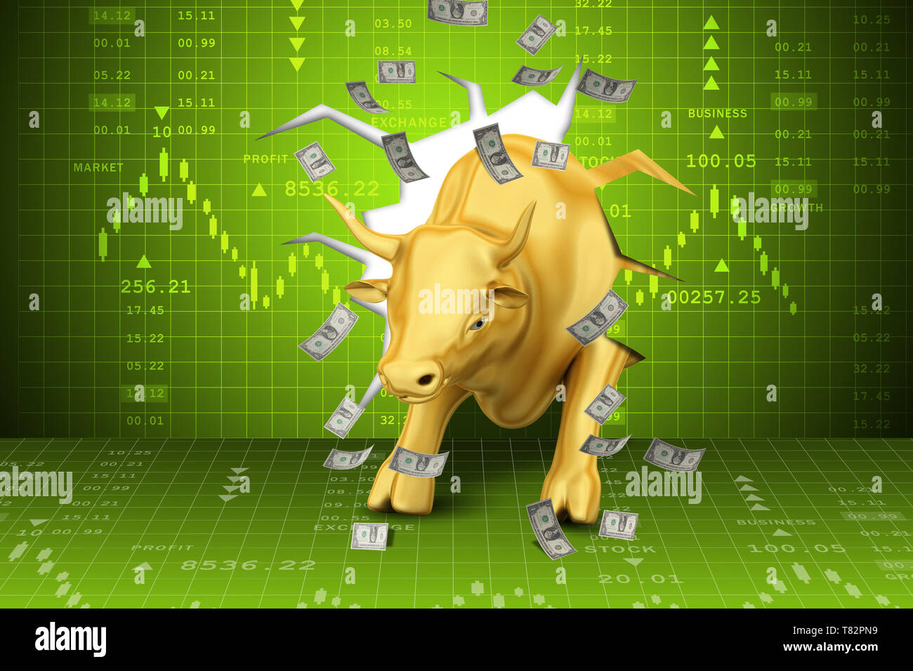 Rising golden business bull with graph Stock Photo - Alamy