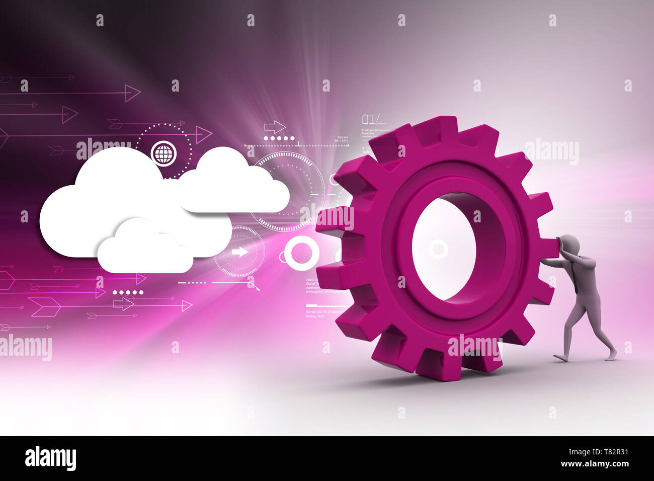 Man pushing gear wheel in color background Stock Photo - Alamy