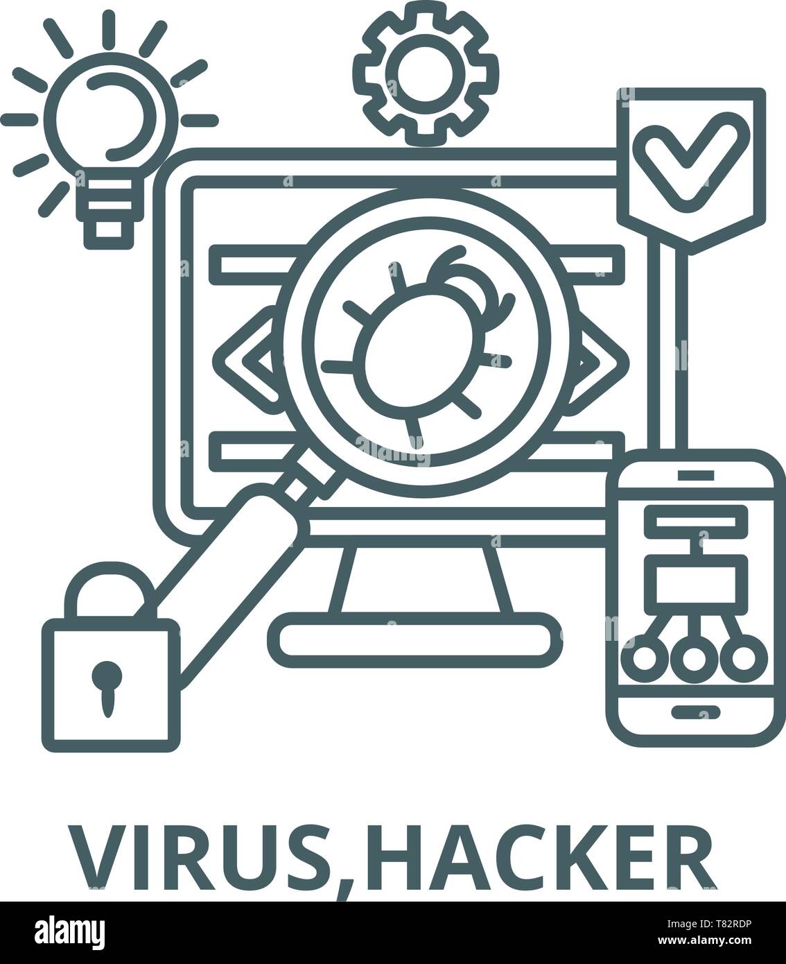Virus,hacker,anti hacking vector line icon, linear concept, outline ...