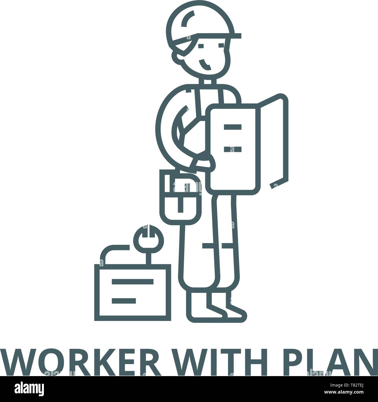 Worker with plan and tools vector line icon, linear concept, outline ...