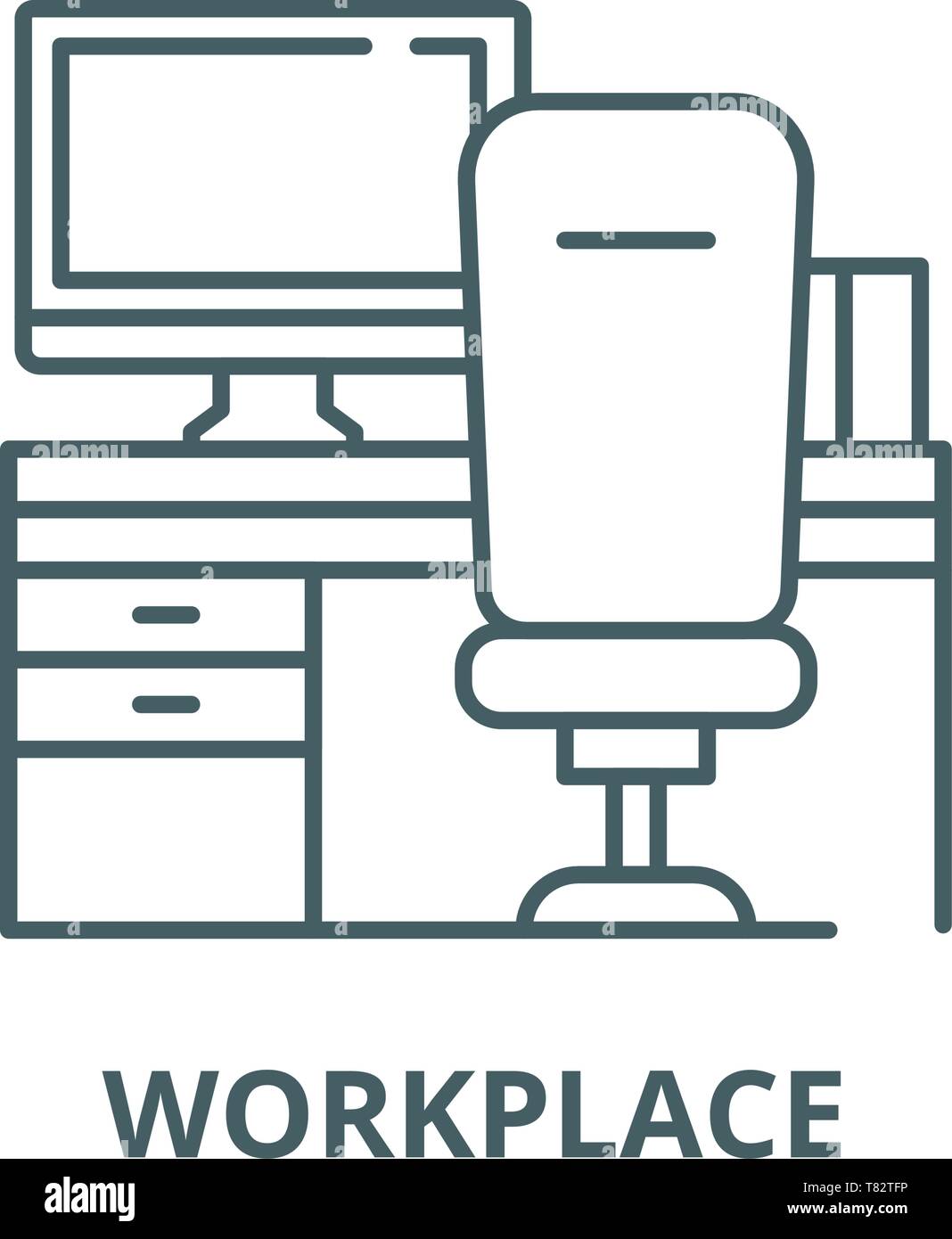 Workplace with computer and chair vector line icon, linear concept ...