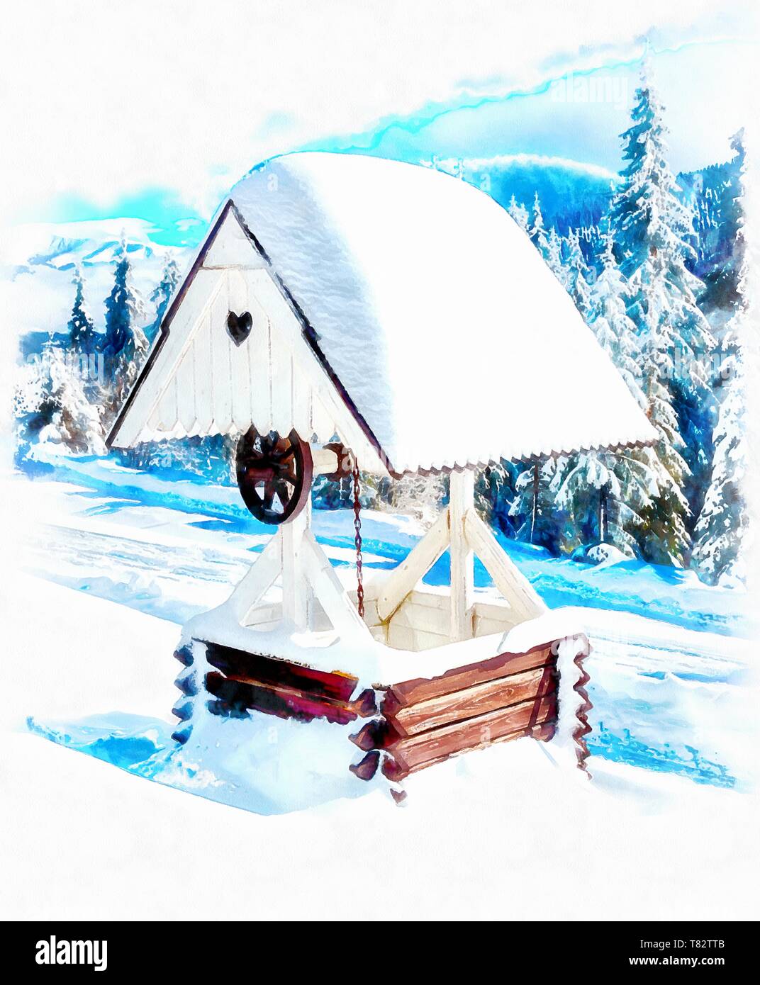 beautiful romantic old style well with wooden roof and heart shape ...