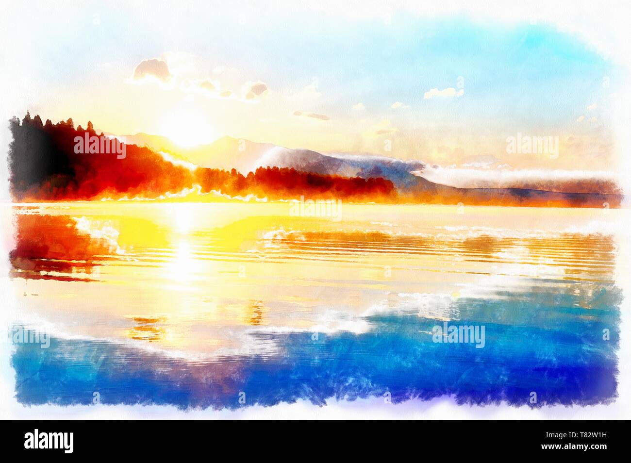 beautiful landscape with rising sun reflecting on lake waters, computer ...