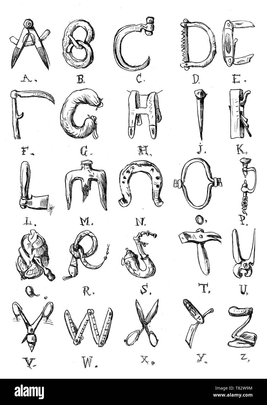 Graphic font composed with gardening and every day life objects and ...