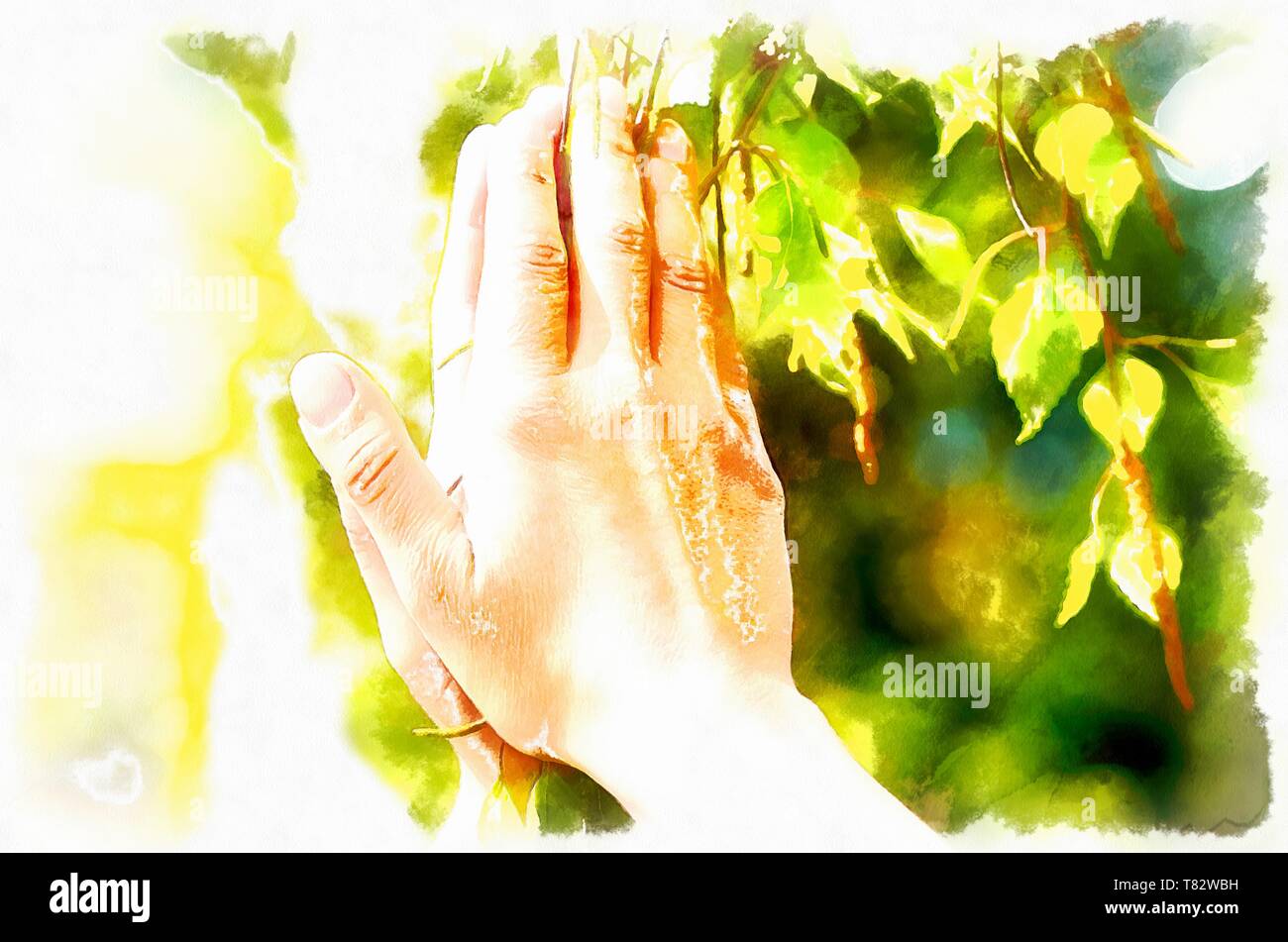 Spring prayer, adoring the healing powers of the spring, Tree in hands ...