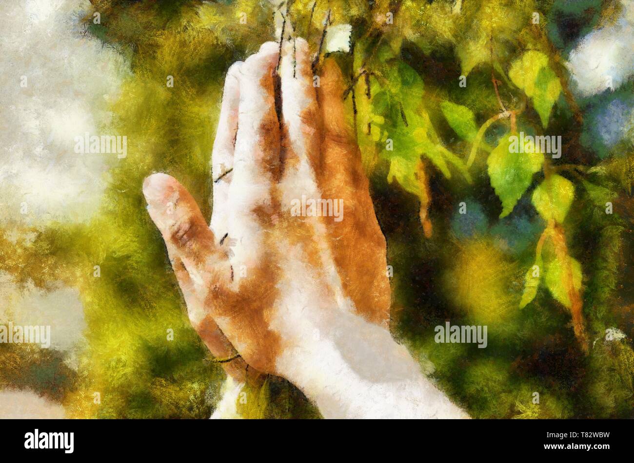 Spring prayer, adoring the healing powers of the spring, Tree in hands ...
